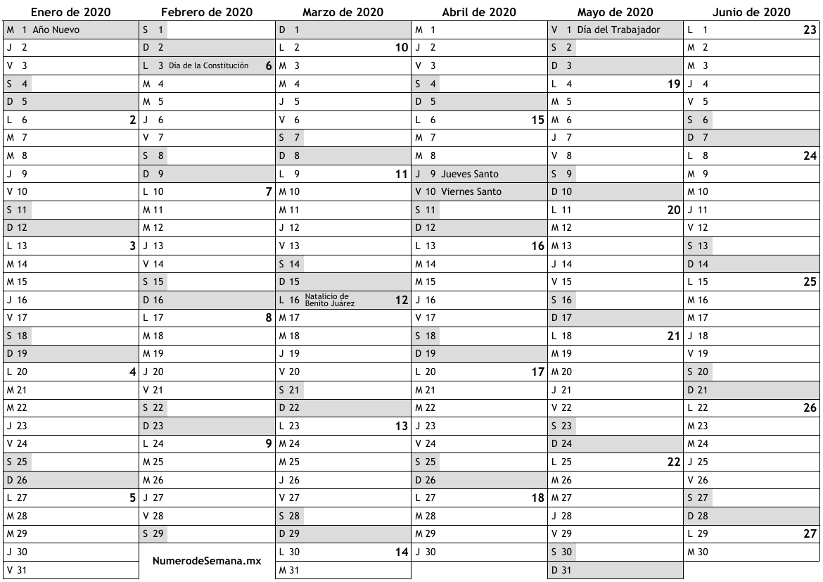 Calendario para 2020 con días festivos e números de semana … almanaques ...